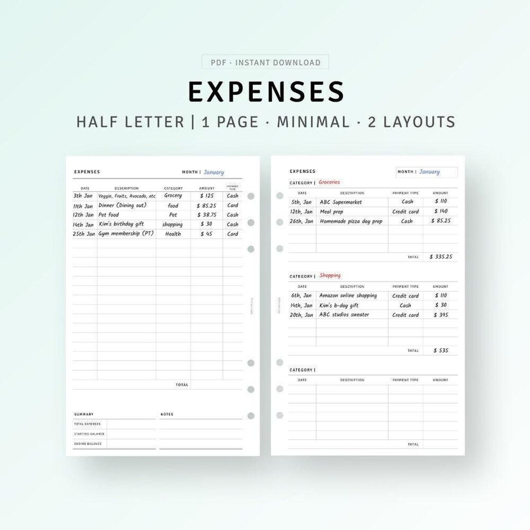 Expense Tracker Half-letter Inserts Printable Daily Finance Expense ...