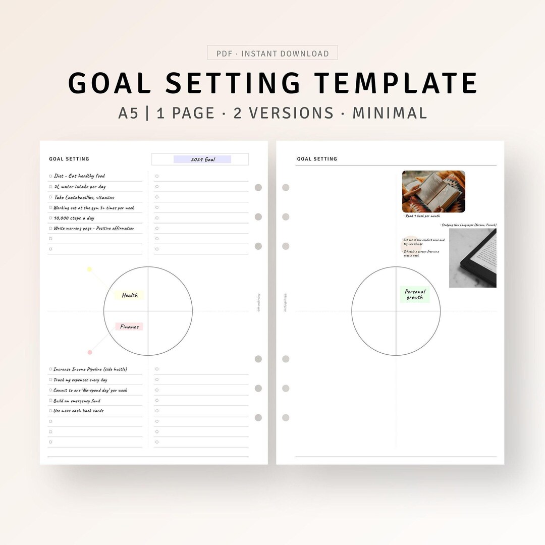 Goal Setting Template Printable A5 Size Inserts, Personal Development ...