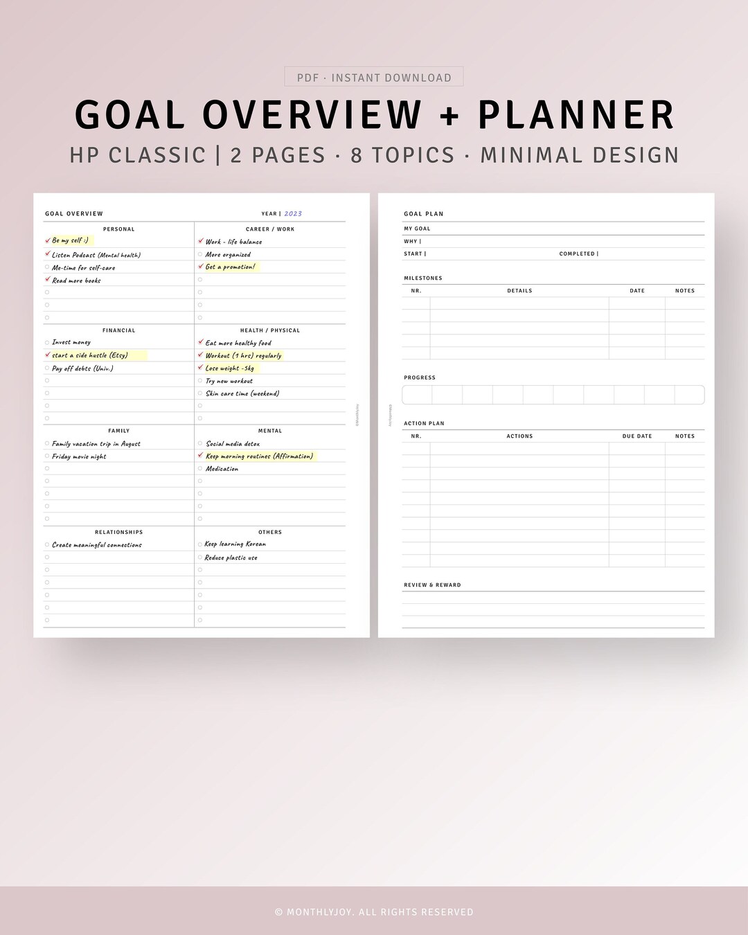 HP Classic, Goal Overview Planner Printable Life Goal Setting Template ...