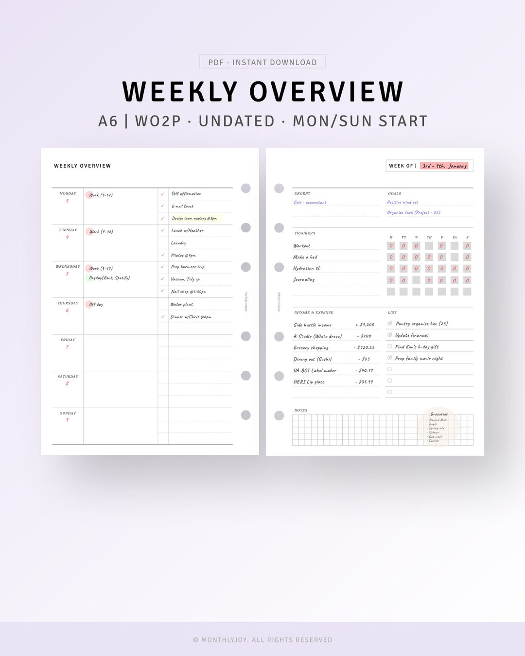 Weekly Overview Printable A6 Size Inserts, Simple Weekly Agenda Layout ...