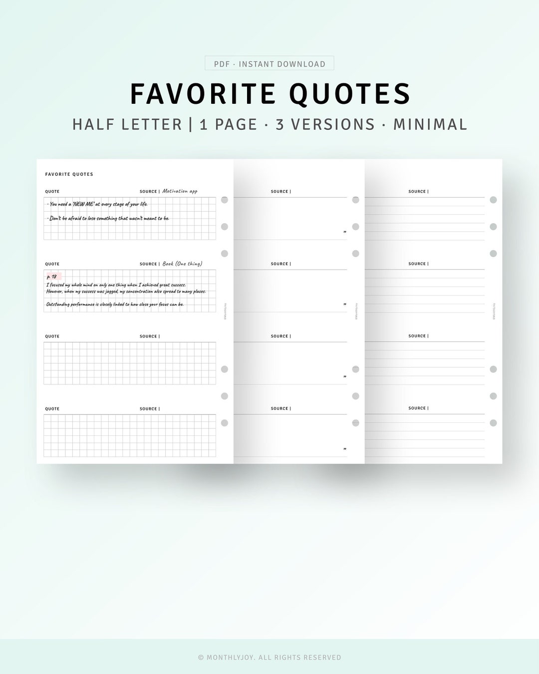 Printable Favorite Quotes Template Half Size Inserts, Positive Mindset ...