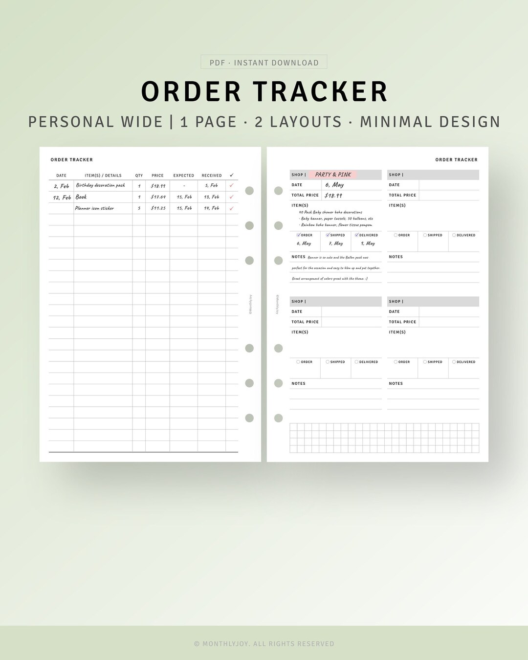 Order Shopping Tracker Personal Wide Inserts Printable, Purchase ...