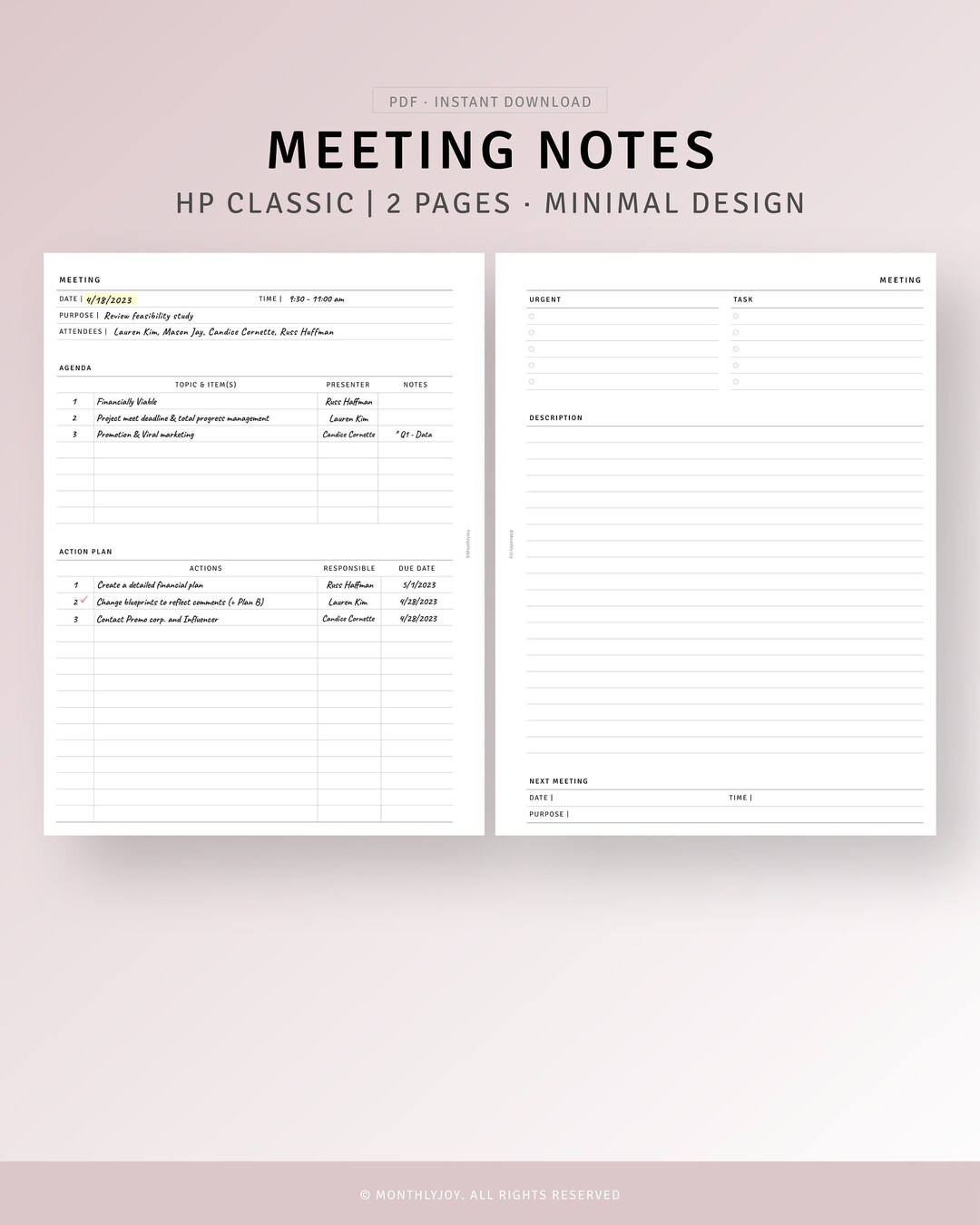 Meeting Notes Printable HP Classic Inserts, Meeting Minutes Template ...