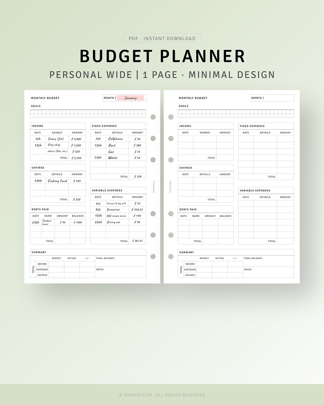 Budget Planner Printable Personal Wide Inserts, Personal Finance ...