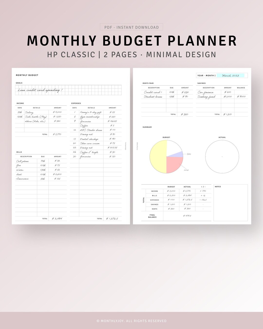 Budget Planner Printable HP Classic Inserts, Money Tracker Template ...