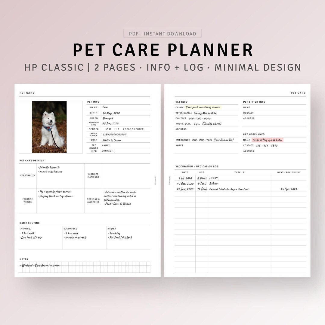 Printable Pet Care Organizer HP Classic Ring, Puppy Cat Health Records ...