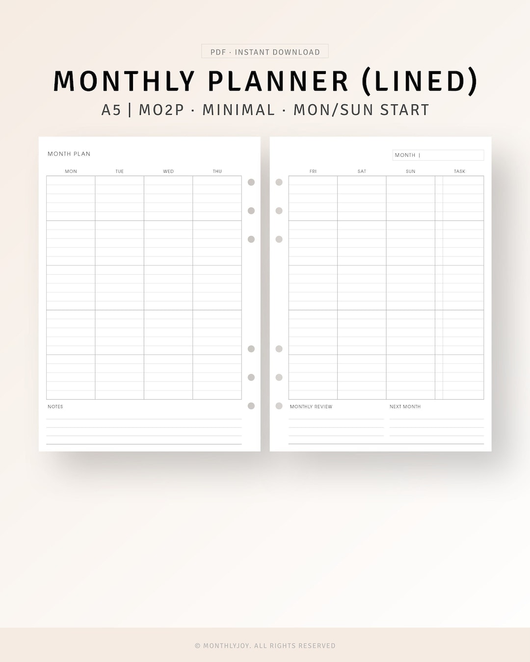 Monthly Planner PDF Printable A5 Planner Inserts, Undated Monthly ...