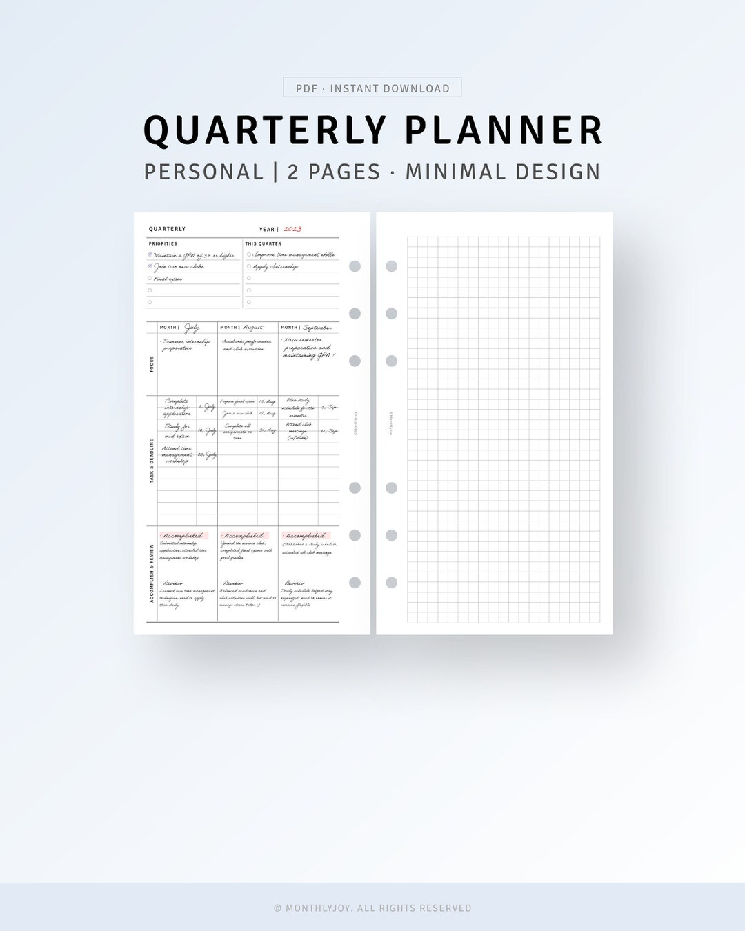Personal, Quarterly Planner Printable Template, 3 Month Planner, 90 ...