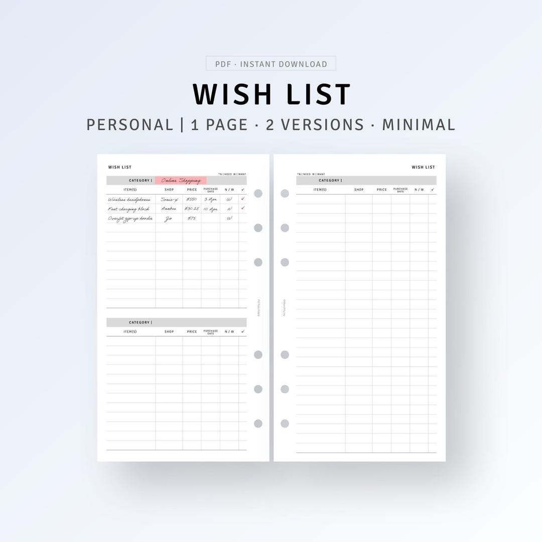 PERSONAL Wish List Printable Birthday Christmas Wish List Tracker, to ...