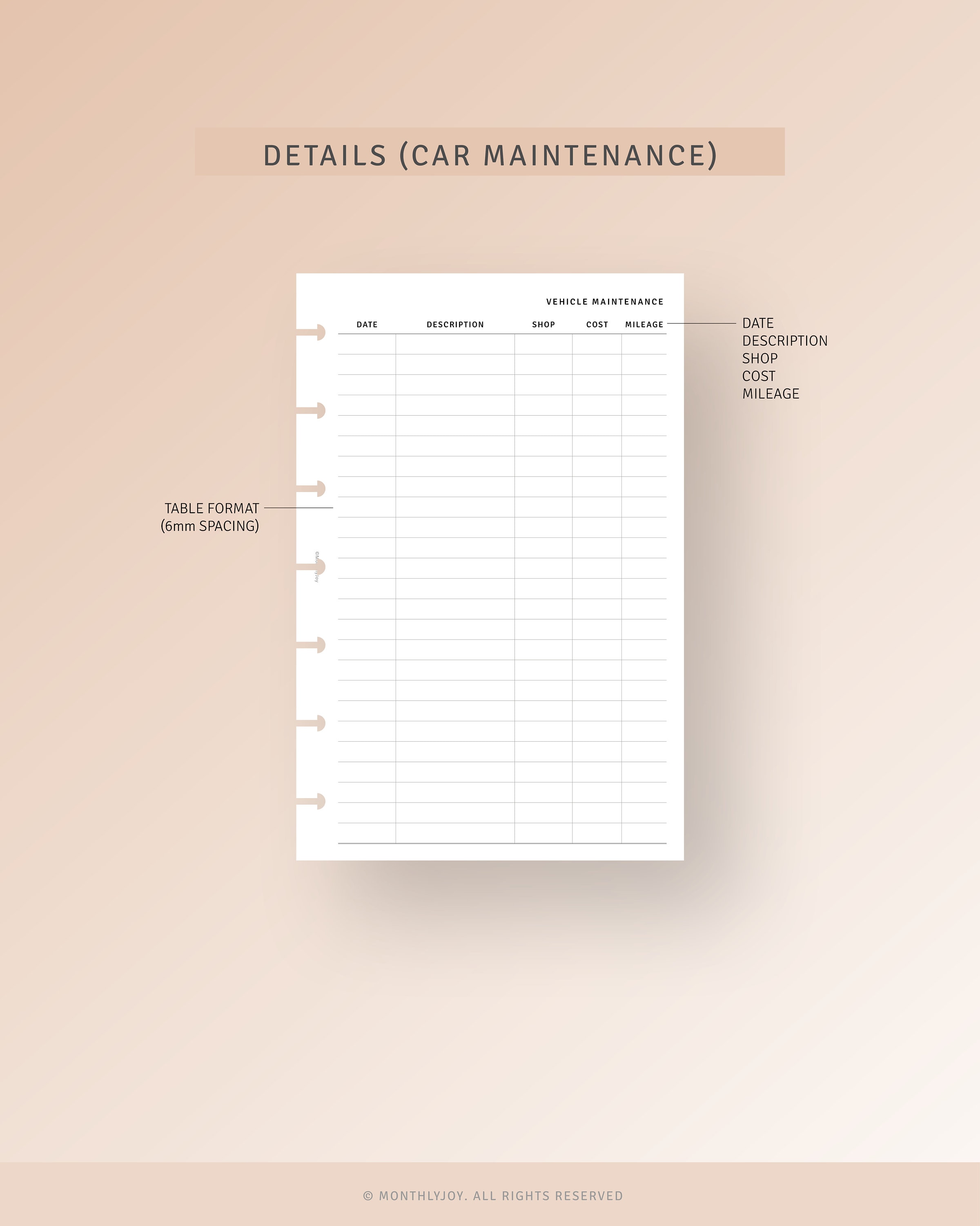Car Maintenance Log Printable HP Mini Inserts, Auto Mileage Journal ...