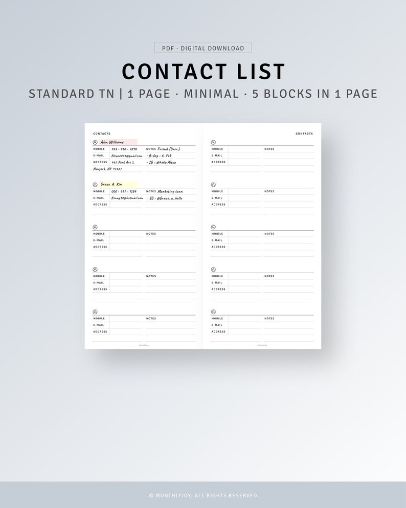 STANDARD TN Contact List Printable Template Emergency - Etsy