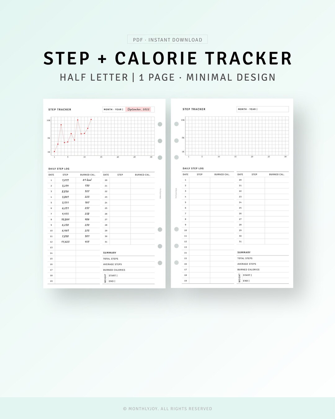 Step Tracker Printable Half Letter Inserts, Daily Step Count Chart ...