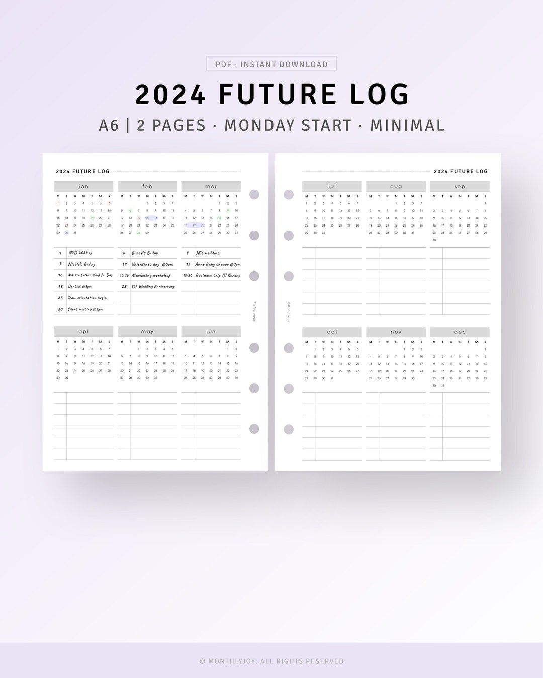 2024 Future Log Printable A6 Inserts, Quarterly Calendar, Year at A ...