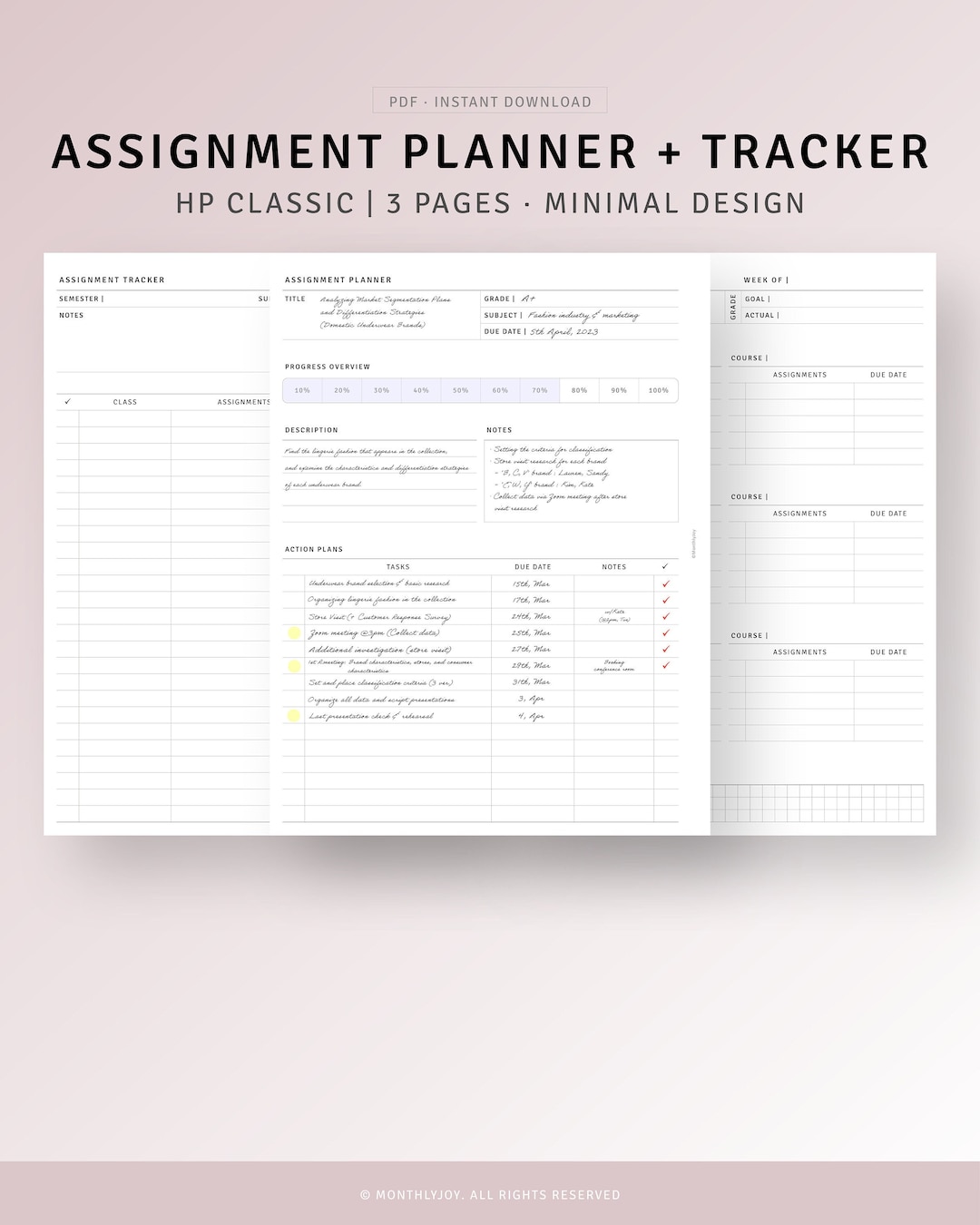 Assignment Planner Printable HP Classic Ring Inserts, Homework Tracker ...