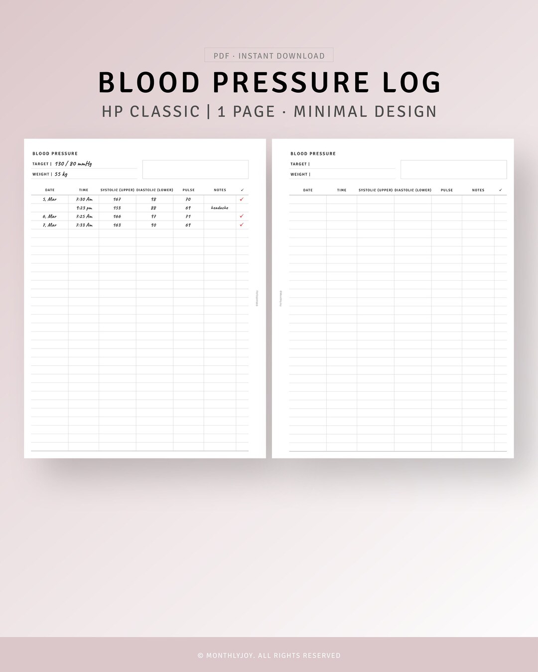 Blood Pressure Tracker Printable HP Classic Size Inserts, Medical ...