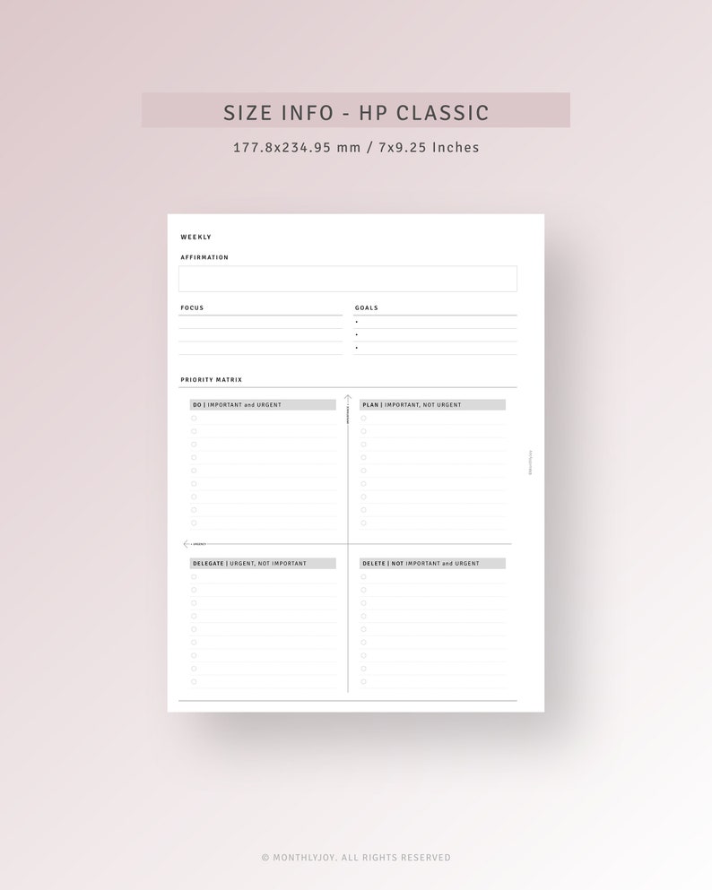 Undated Weekly Planner With Priority Matrix HP Classic Ring Printable ...