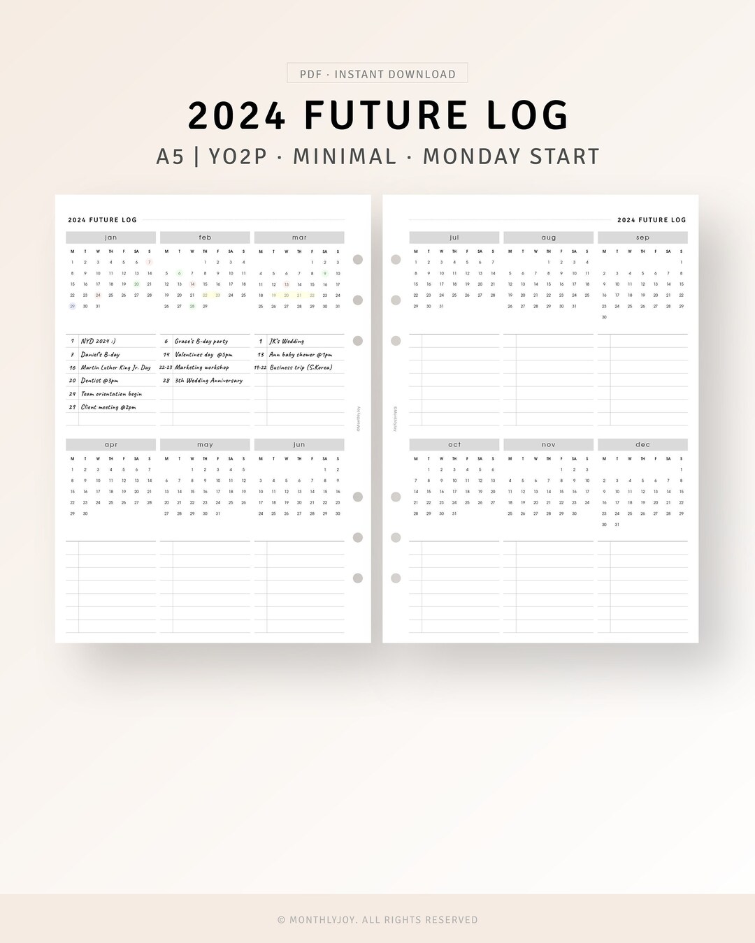 2024 Future Log A5 Planner Printable Yearly Overview Planner 2024 ...