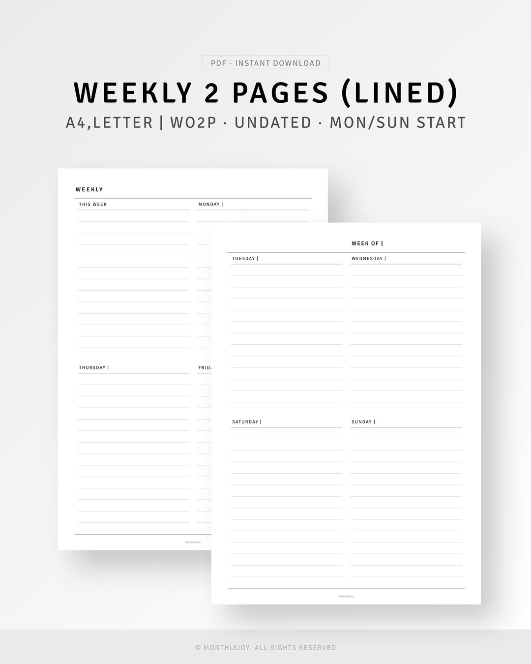 Weekly Planner PDF A4/letter Size Inserts Printable, Week on 2 Pages ...