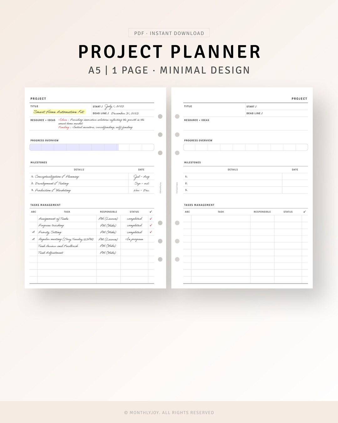 A5 Inserts, Project Planner Tracker Printable Project Management Sheet ...
