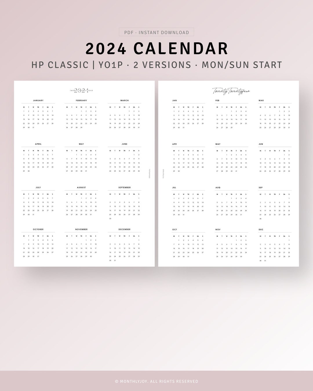 2024 Printable Calendar HP Classic Inserts, 2024 Yearly Calendar ...