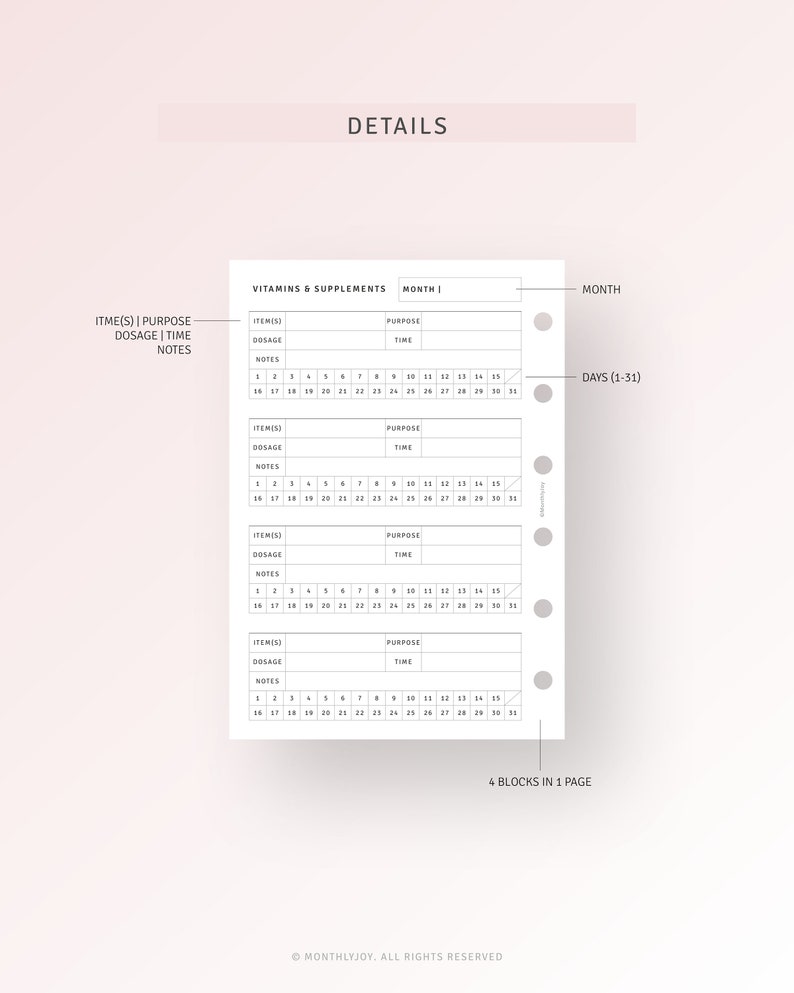 Pocket Plus Vitamin Tracker Printable Medication Log Sheet - Etsy