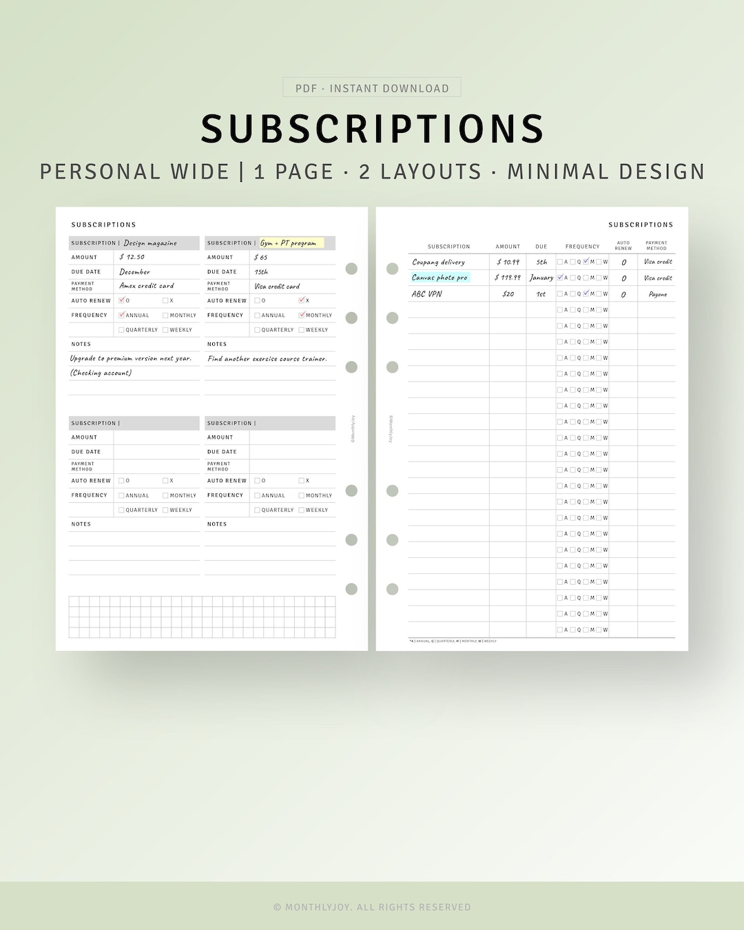 Subscription Tracker Printable Personal Wide Inserts, Payment Budget ...