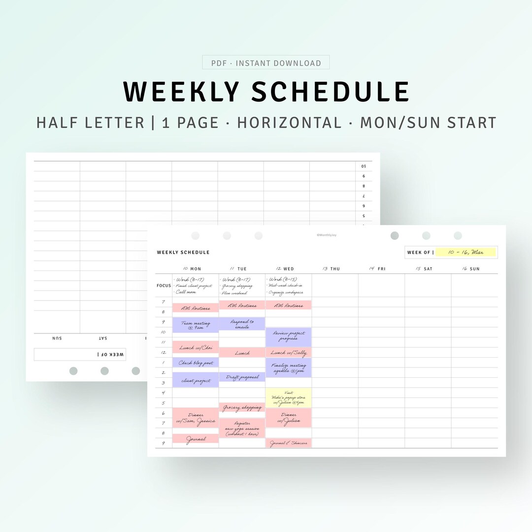 Weekly Schedule Printable Half Letter Inserts, Week on 1 Page ...