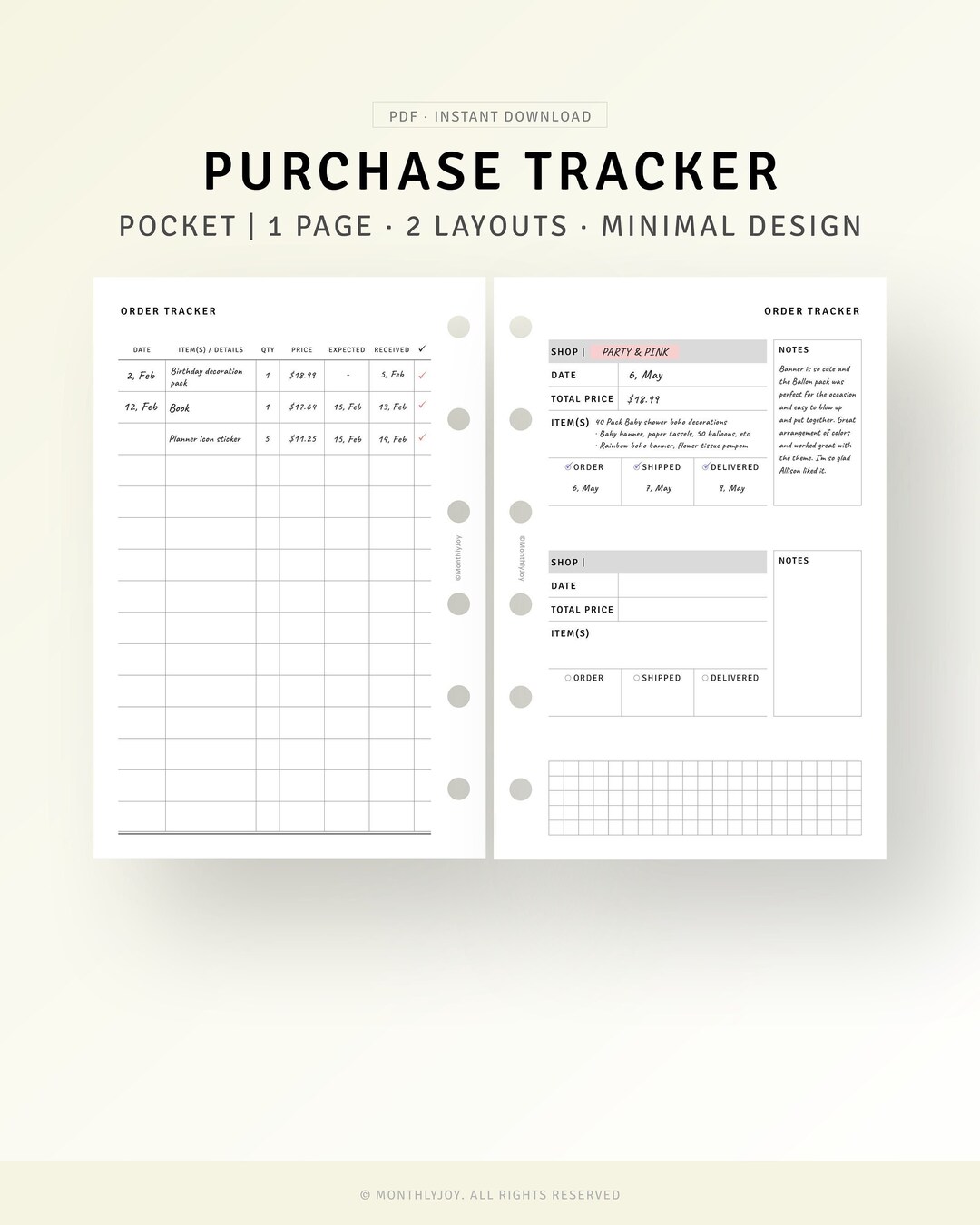 Order Tracker Printable Pocket Size Inserts, Purchase Log, Online ...