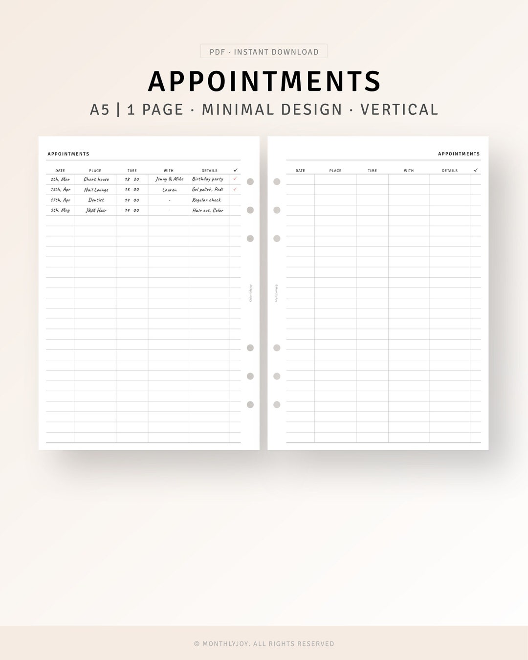 Appointments Tracker A5 Planner Printable Inserts, Appointment Planner ...