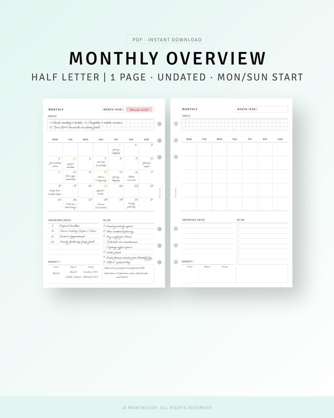 Monthly Overview Calendar Printable Half-letter Ring Inserts, Schedule ...