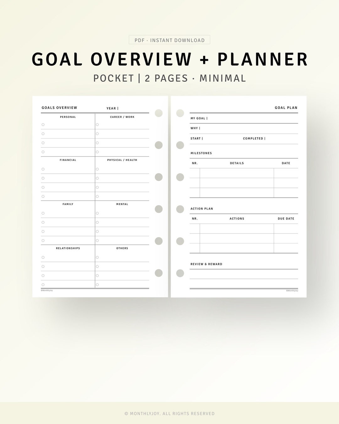 Goal Planner Printable Pocket Size Inserts, Life Goal Setting Template ...