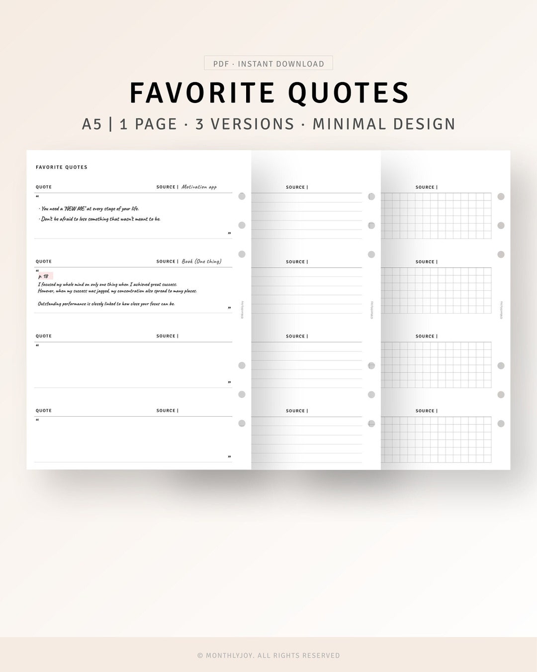 Favorite Quotes Journal A5 Printable Planner Inserts, Inspirational ...