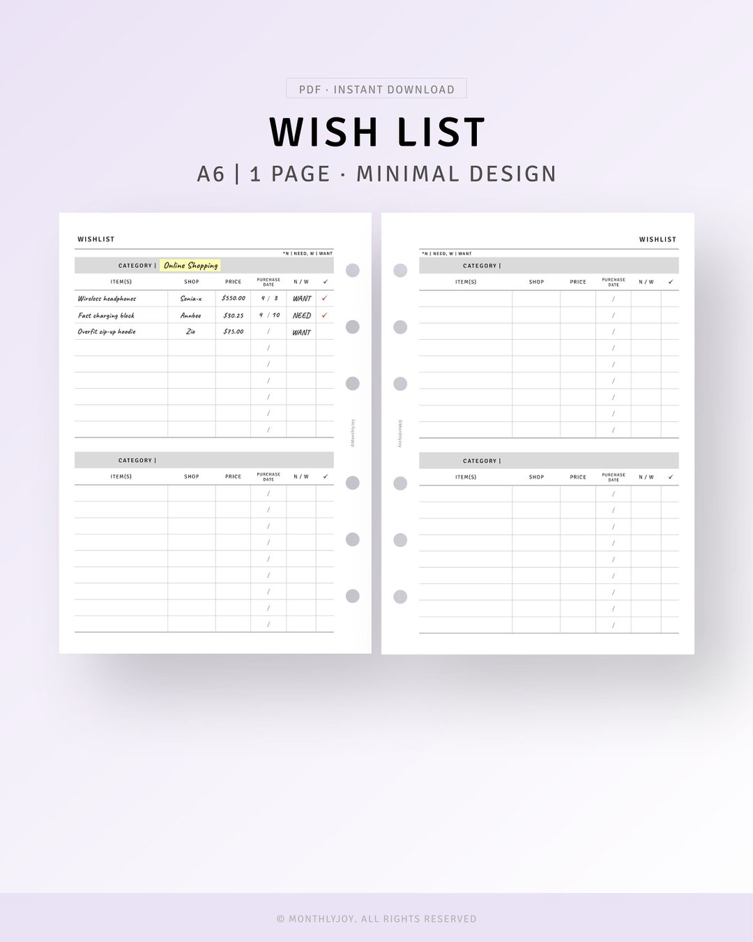 Wish List Tracker A6 Printable Planner Inserts, Christmas Wish List ...