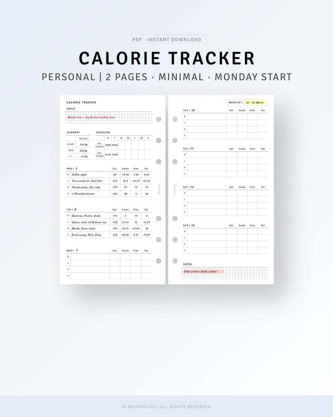Personal, Calorie Tracker Printable Food Diary Journal Template, Daily ...