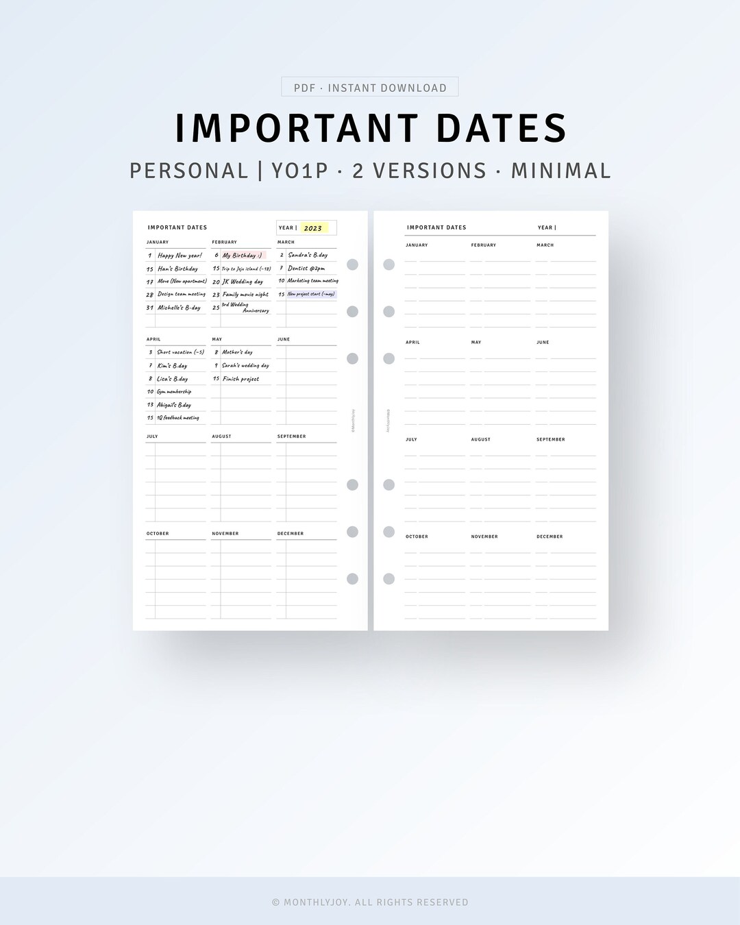Yearly Important Dates Tracker Personal Planner Printable Birthday ...
