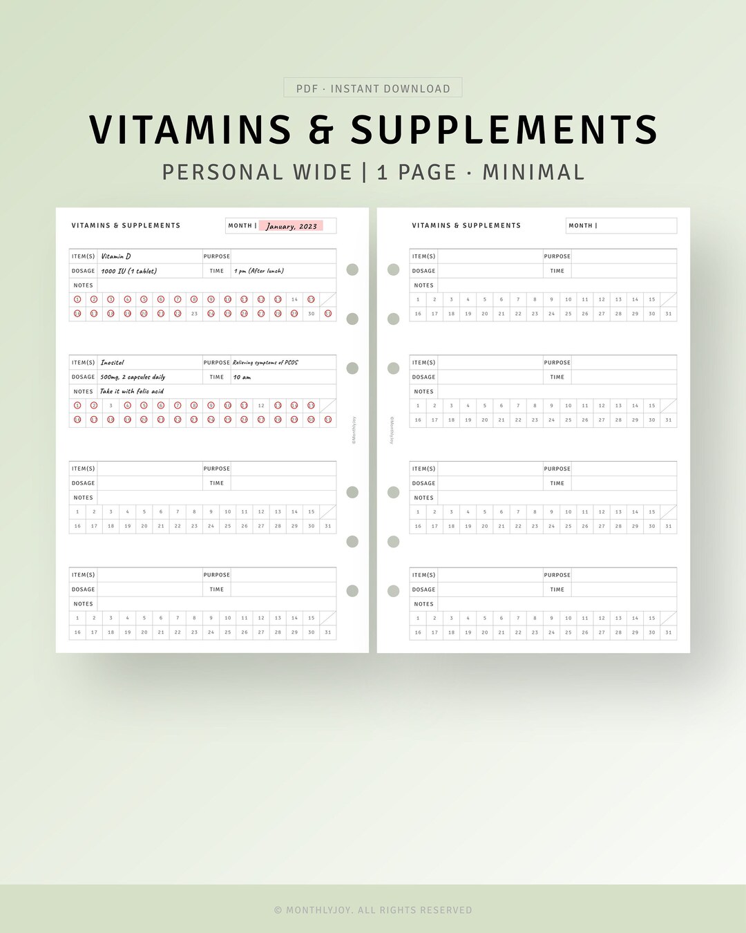 Medication Tracker Printable Personal Wide Inserts, Daily Pill Organizer, Vitamin Supplements ...
