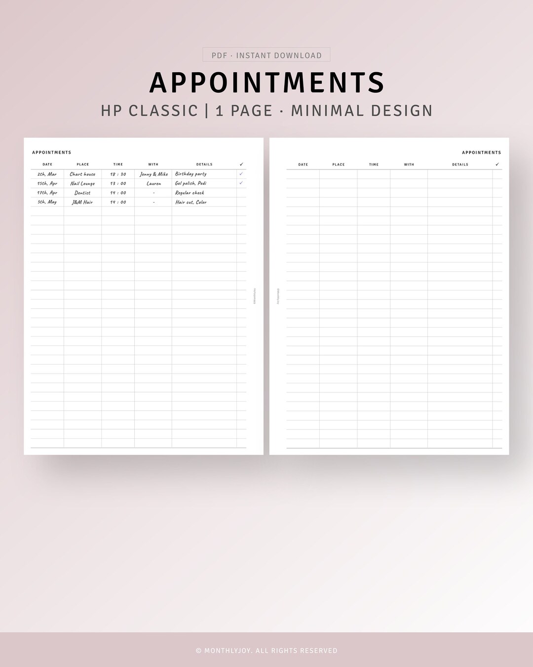 Appointments Scheduling Printable HP Classic Inserts, Doctor Meeting Appointment Log Template ...