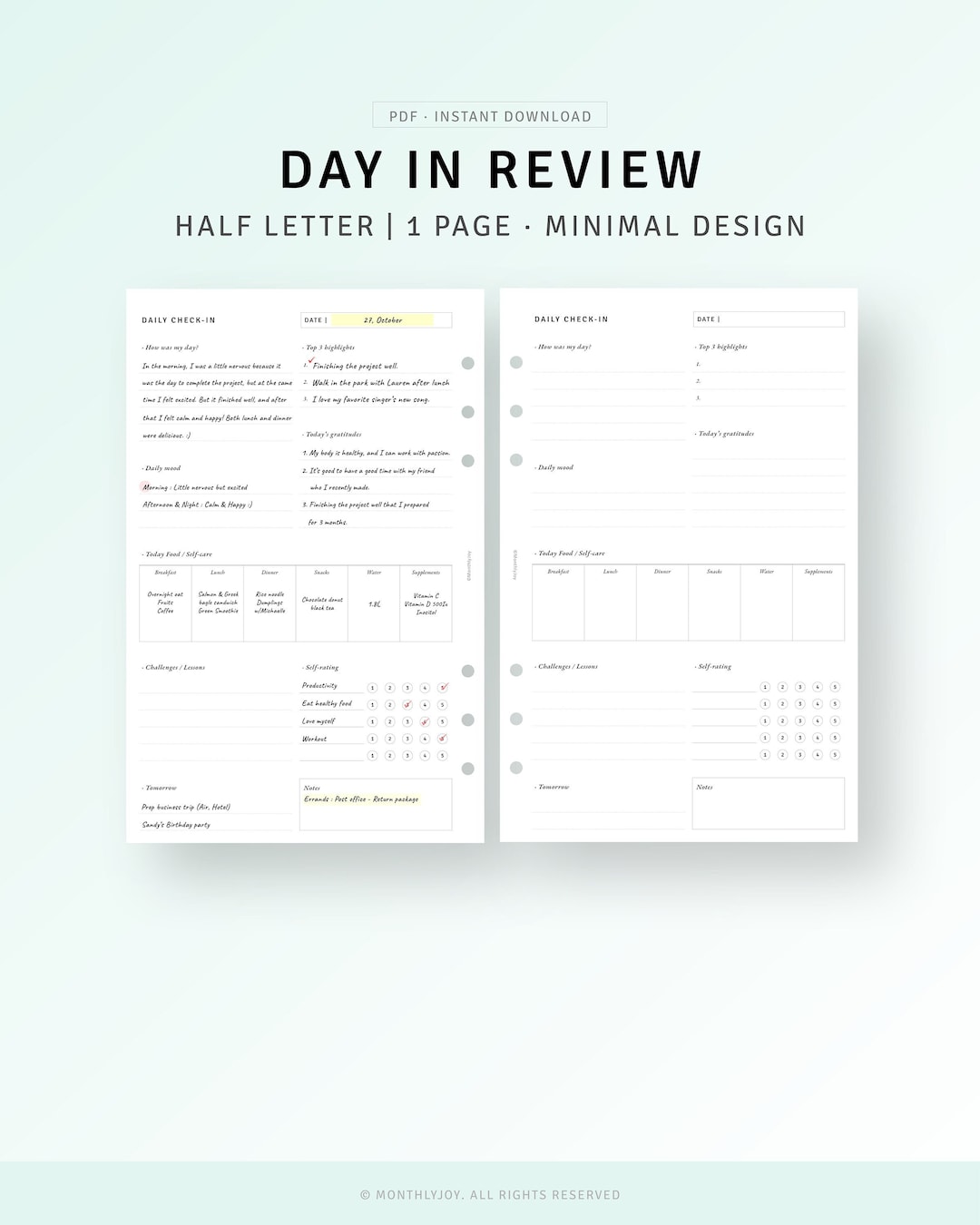 Daily Review Reflection Journal Half Letter Planner Printable Daily ...
