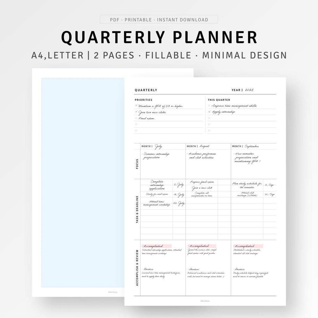 Quarterly Planner Printable Quarterly Goals A4/letter Inserts Fillable ...
