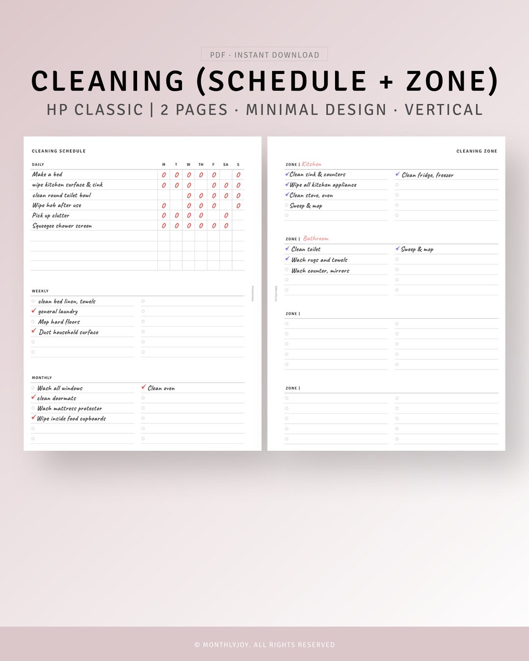 HP Classic, Cleaning Schedule Template Printable Zone Cleaning, Weekly ...