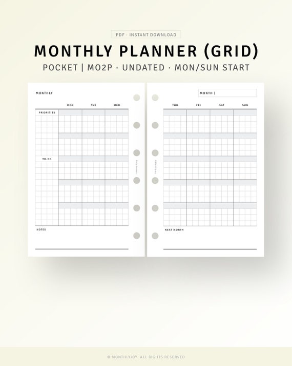 Pocket Monthly Planner Inserts Printable Month on 2 Pages | Etsy