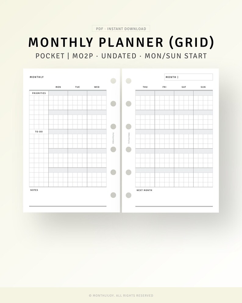 Pocket Monthly Planner Inserts Printable Month on 2 Pages | Etsy