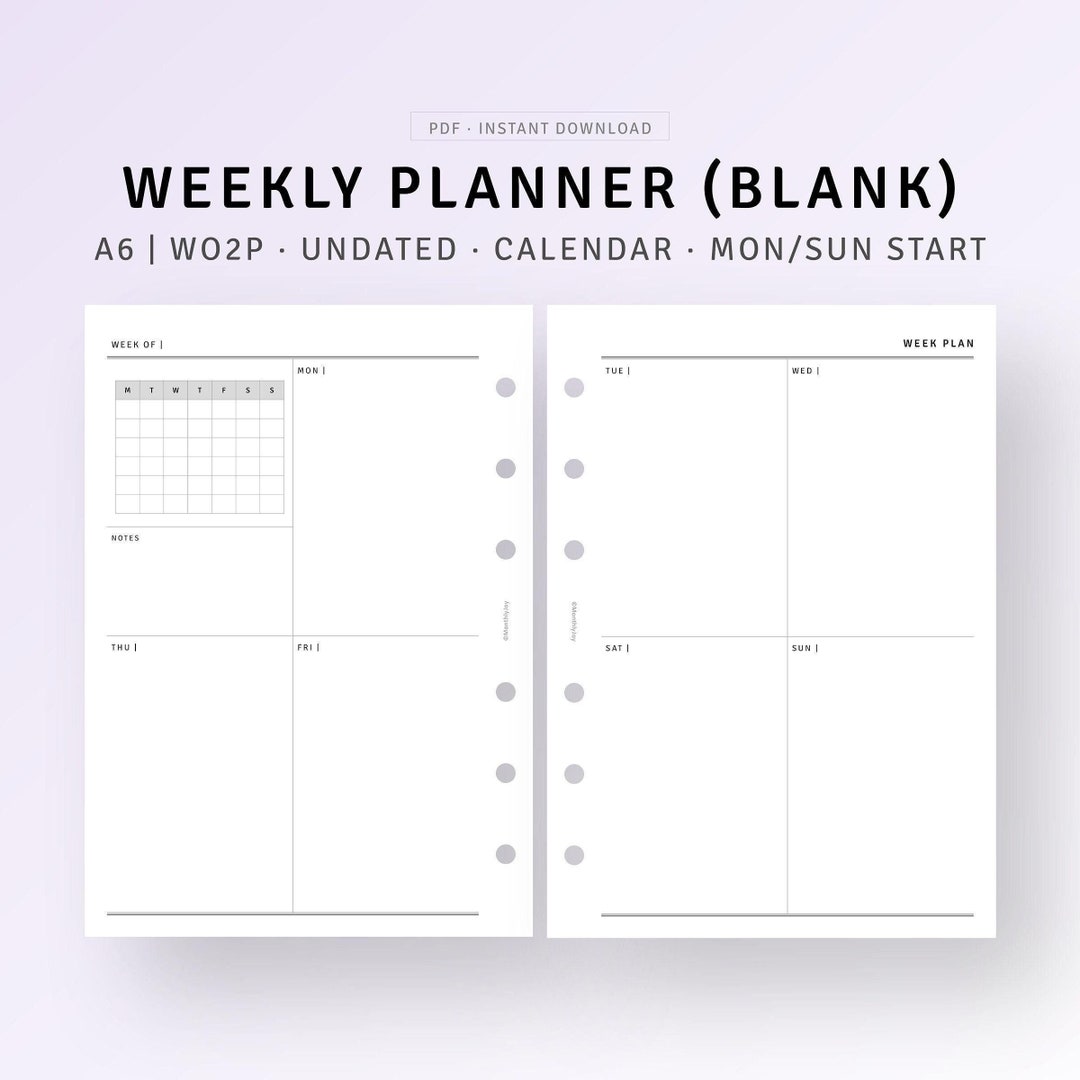 Undated Weekly Template With Calendar A6 Binder Printable Week on 2 ...