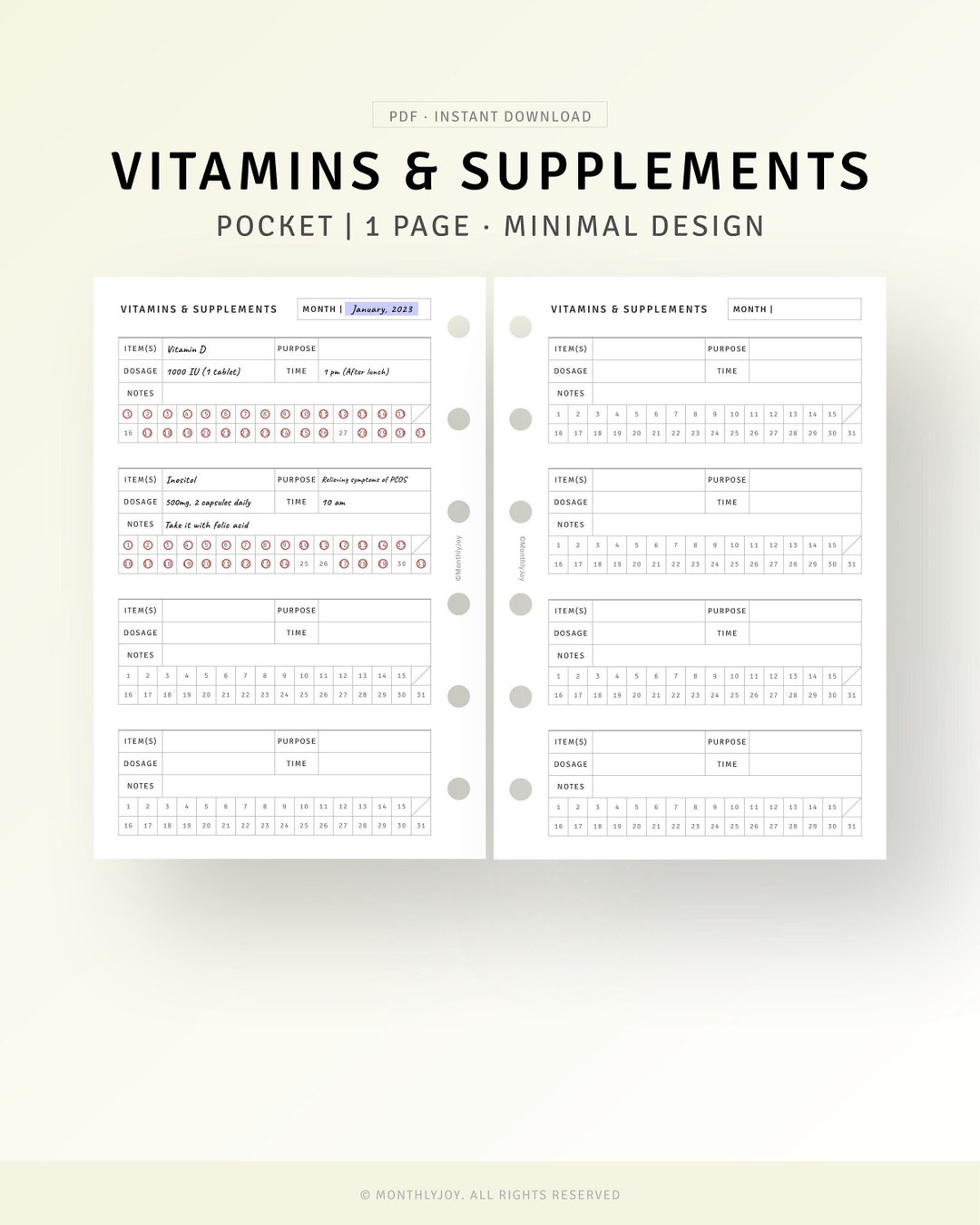 Pocket, Medication Tracker Printable Vitamin Log Supplement Tracker ...