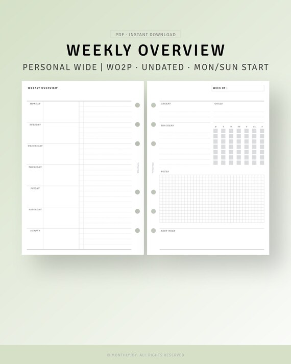 Weekly Overview Printable Personal Wide Inserts Undated | Etsy