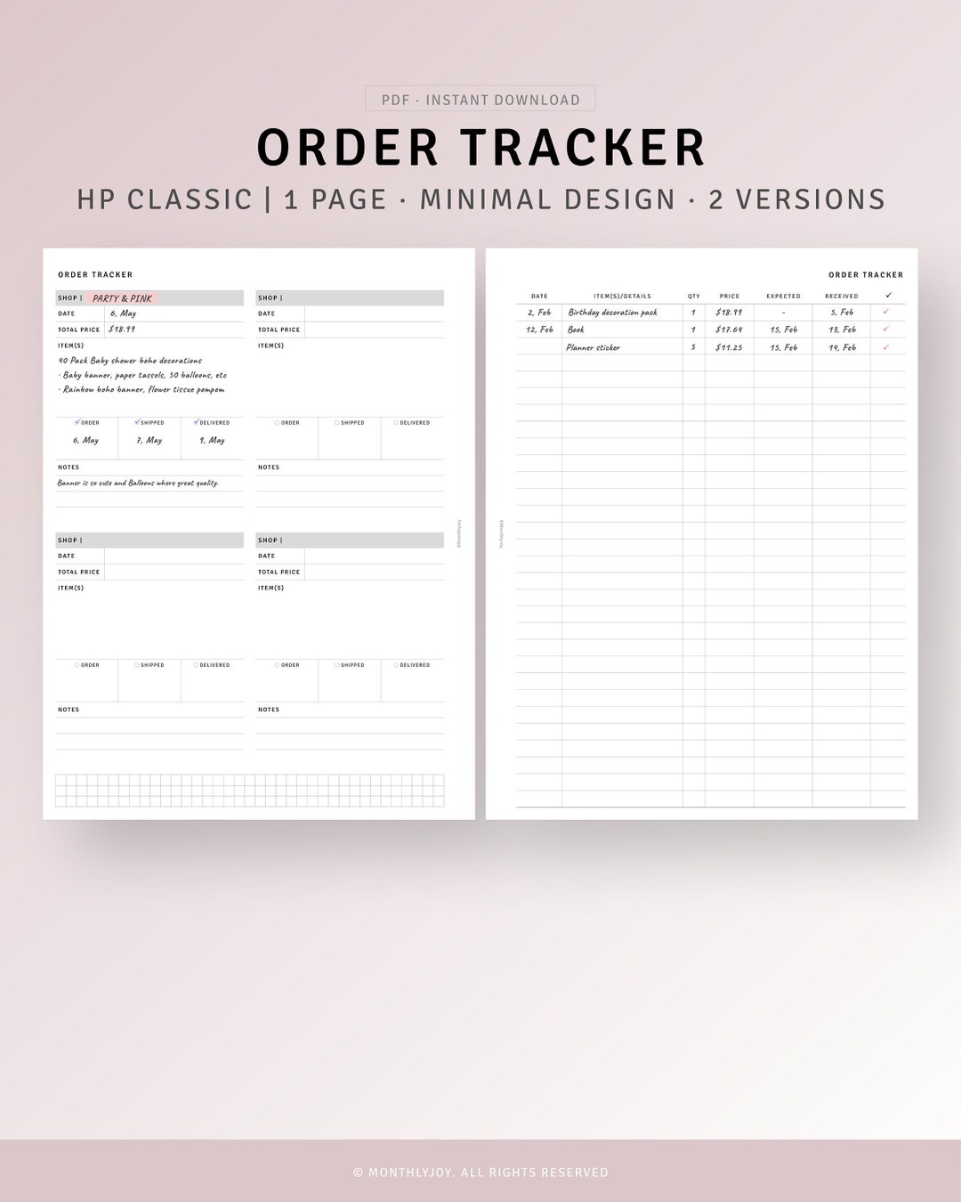 Online Shopping Order Tracker Printable HP Classic Inserts, Purchase ...