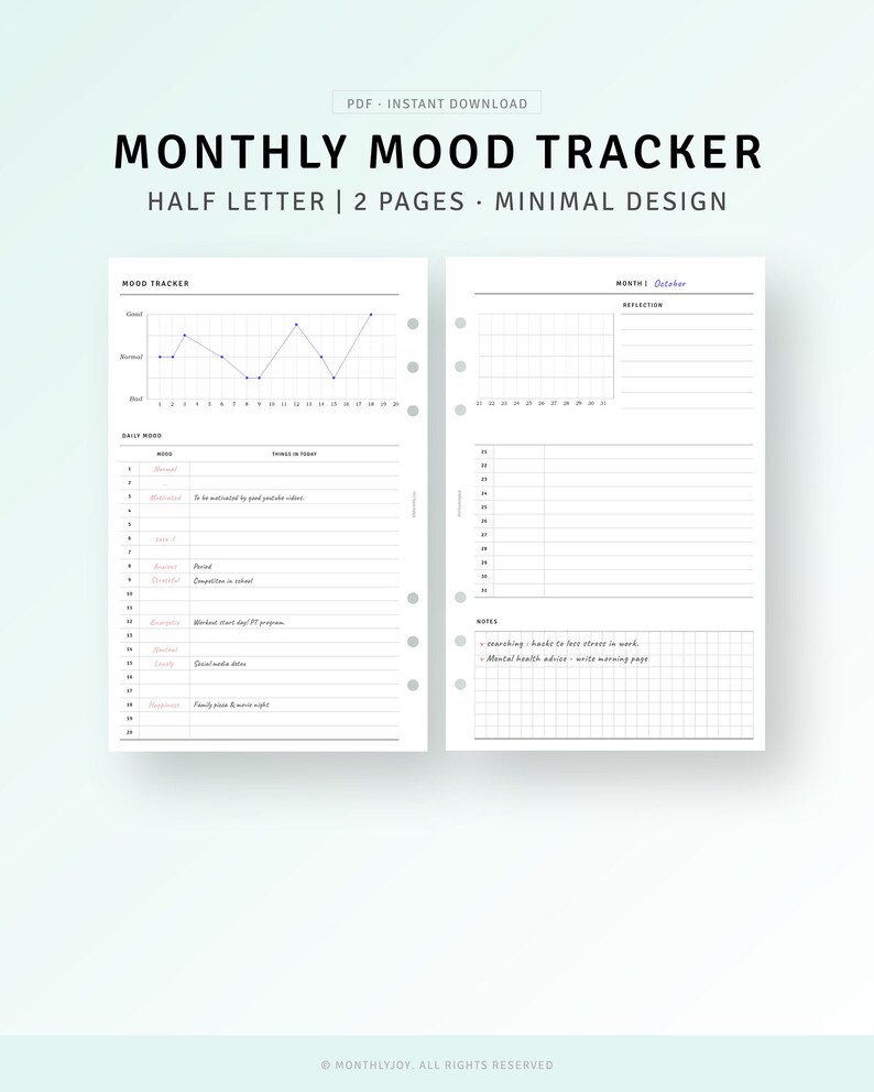 Mood Tracker Printable Half Letter Inserts Monthly Mood - Etsy