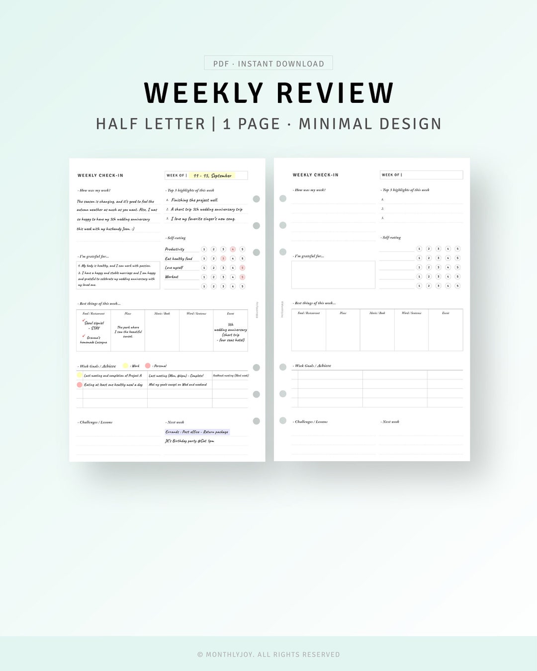 Weekly Reflection Journal Printable Half-letter Planner, Weekly Review ...