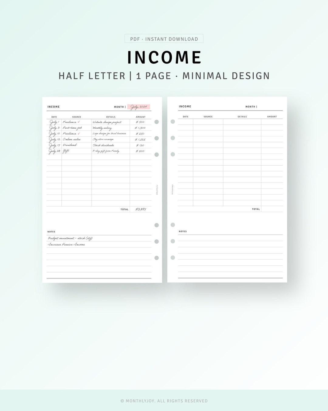 Earning Tracker Printable Half-letter Planner Inserts, Money Income ...