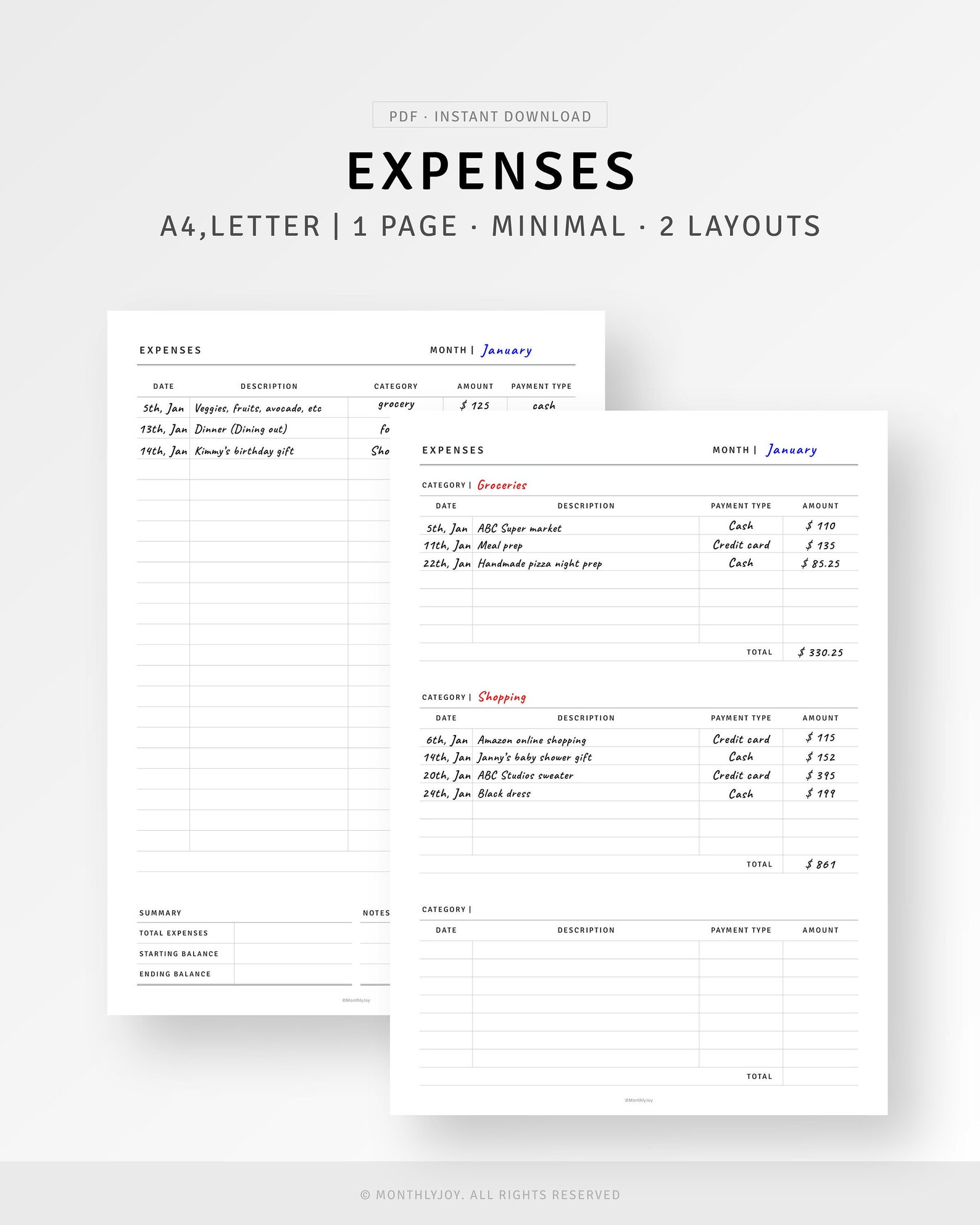 Expense Tracker A4/letter Planner Printable Monthly Expense - Etsy